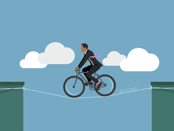 Business Executive Man riding a bicycle on a tightrope | Theme Graphics